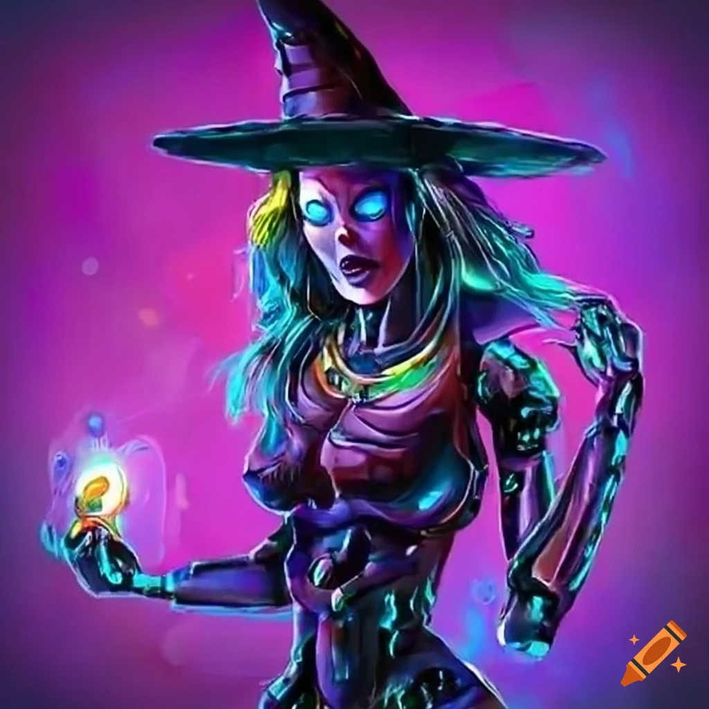 A futuristic robot witch casting a spell on Craiyon