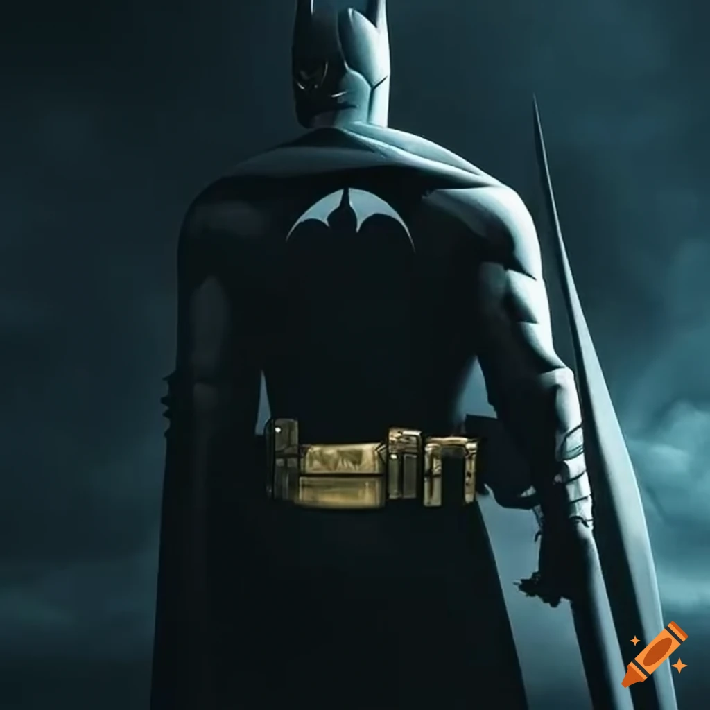 Batman with is back tawrds camera wide shot book cover on Craiyon