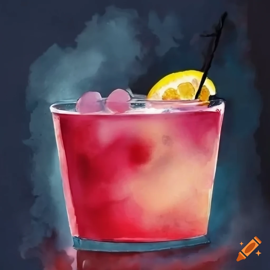 Watercolor red sloe gin fizz cocktail with lemon garnish
