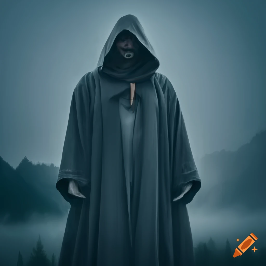 Hooded wizards joined together in a circle, enclosed by a foggy sky ...