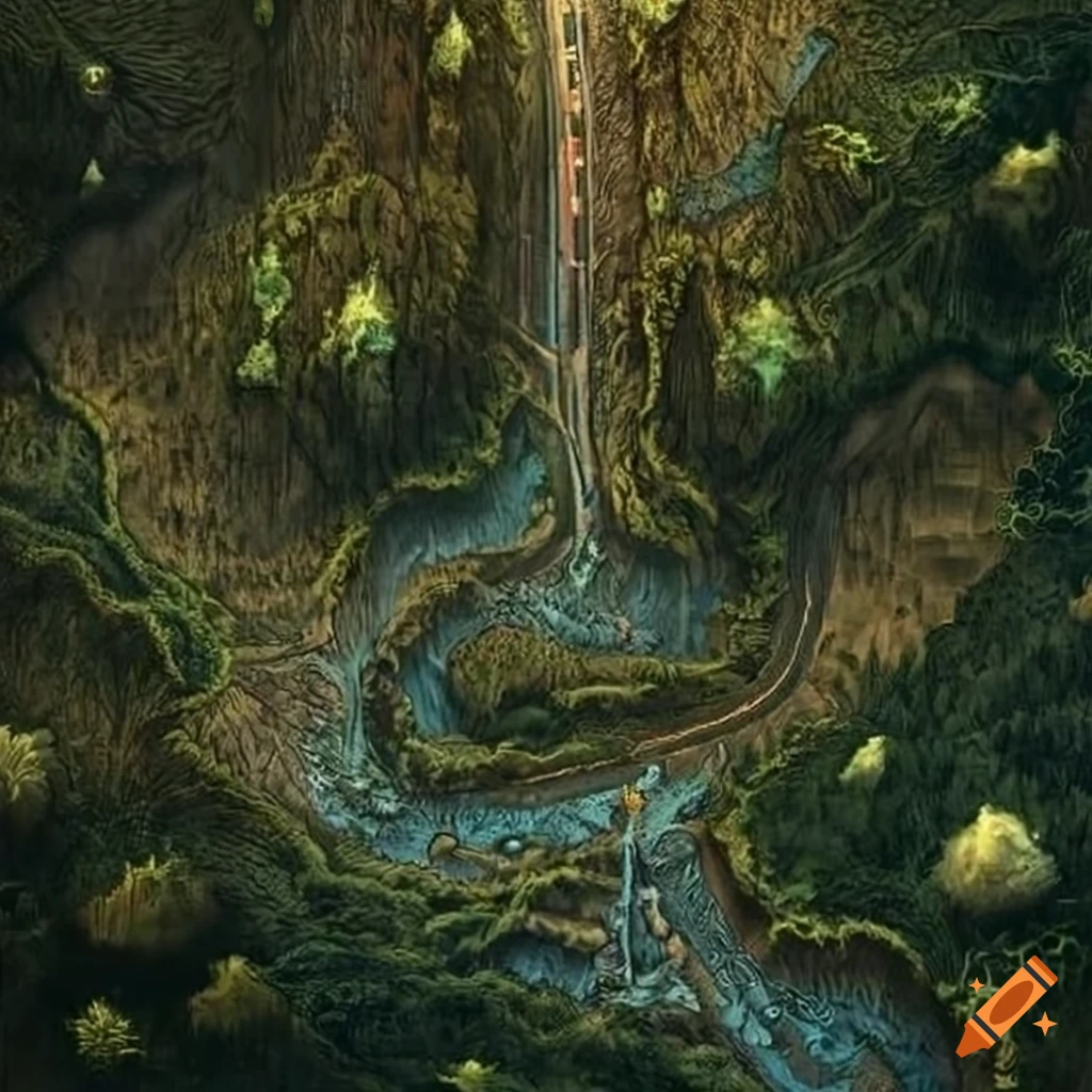 Elaborate fantasy map depicting a forest with intricate road networks