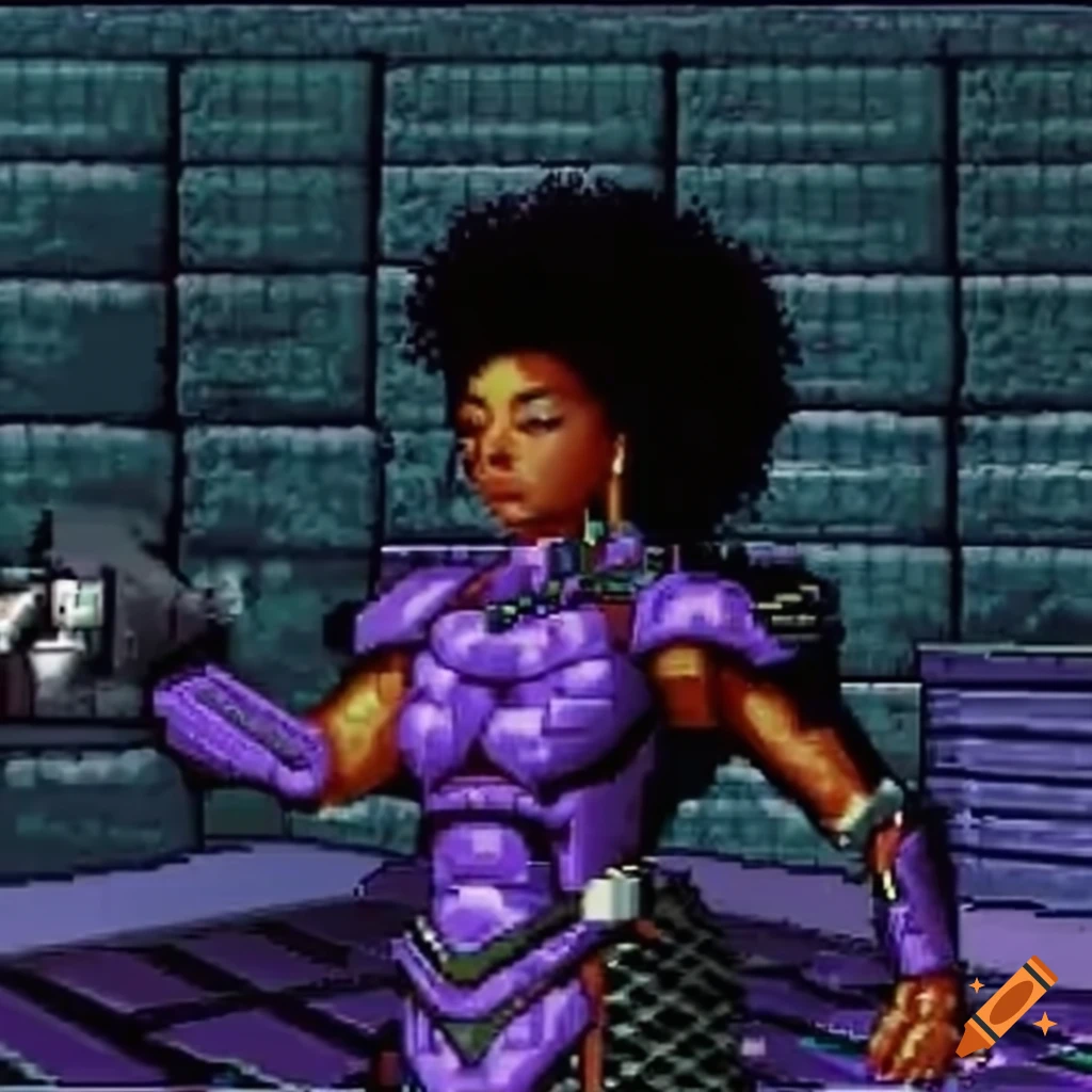 Sci fi snes game screenshot, black afro woman wearing purple armor