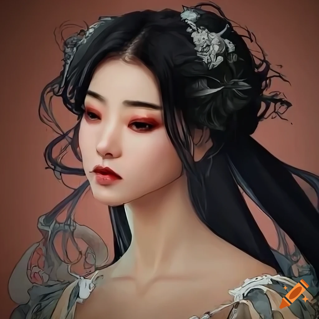 Rococo style, japanese young woman, black straight long hair, 8k ...