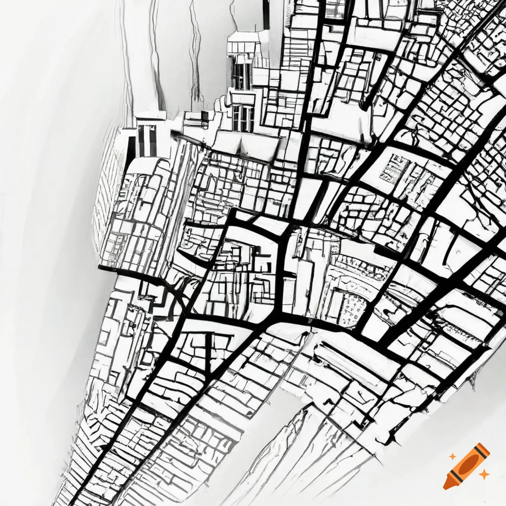 Complex city map layout white black on Craiyon