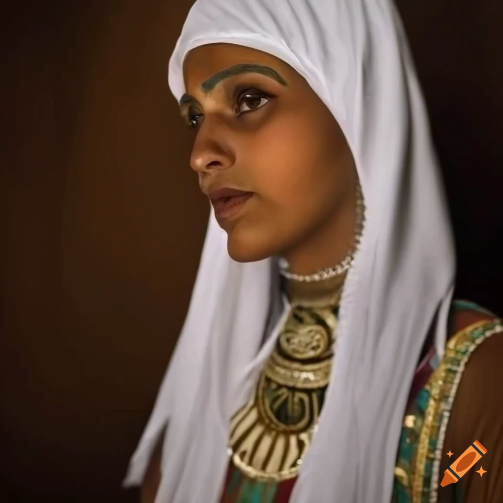 Stylish young adult coptic woman with white hair wearing a white cloche ...