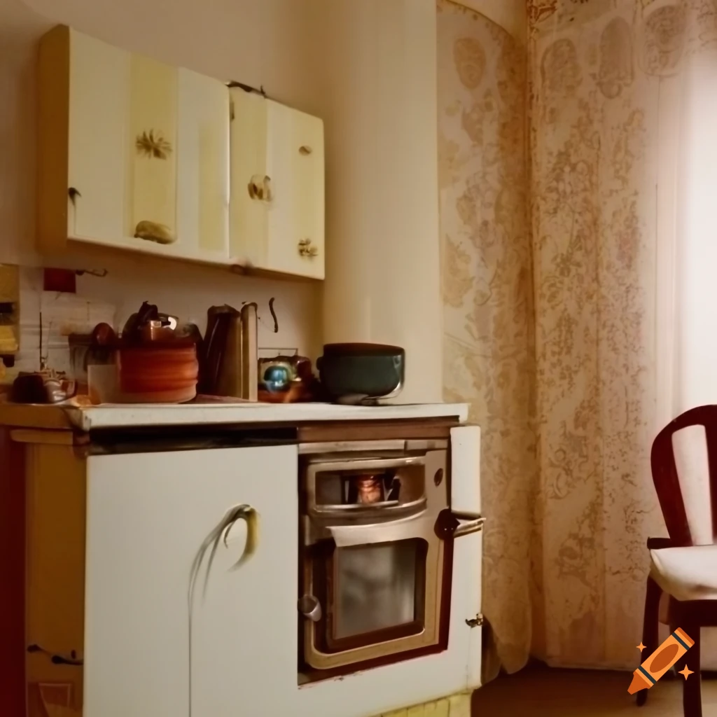 Soviet kitchen, stove, window with tulle, small kitchen table and two ...