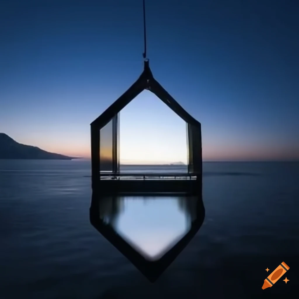 Generate a ocean with a mirror portal hanging to the sky