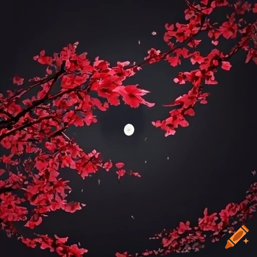 Black moonlight red blossom tree leaves falling