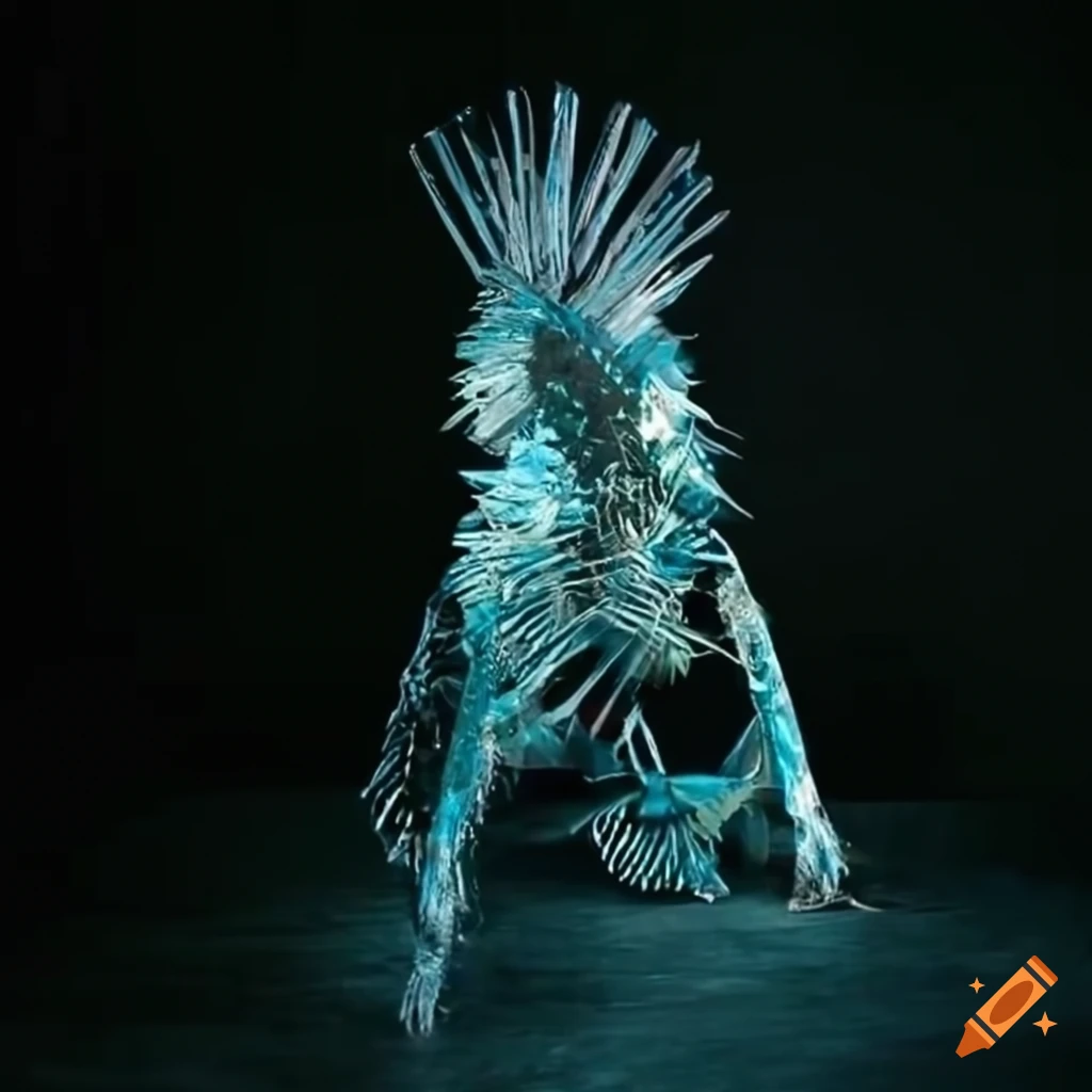 Surreal geometric humanoid tropical bird made of crystalline structures ...