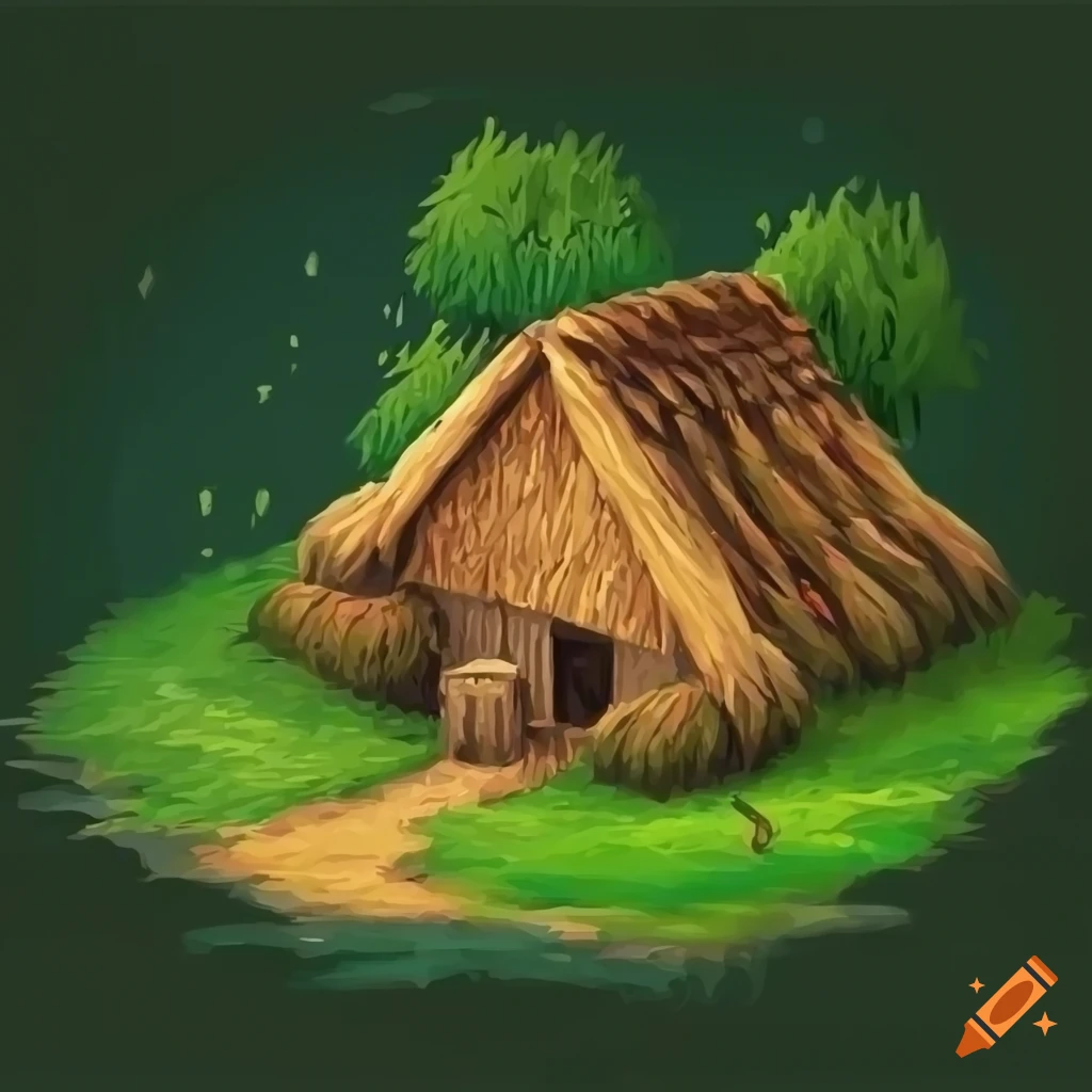 Isometric 2d woodcutter's hut with outlines old age made from grass on Craiyon