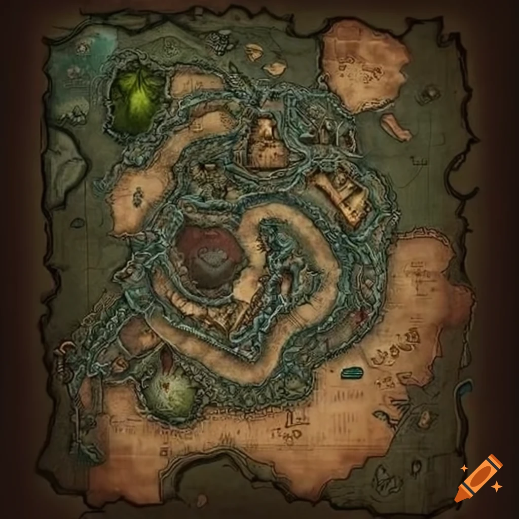 Elaborate fantasy map depicting ruins with intricate road networks