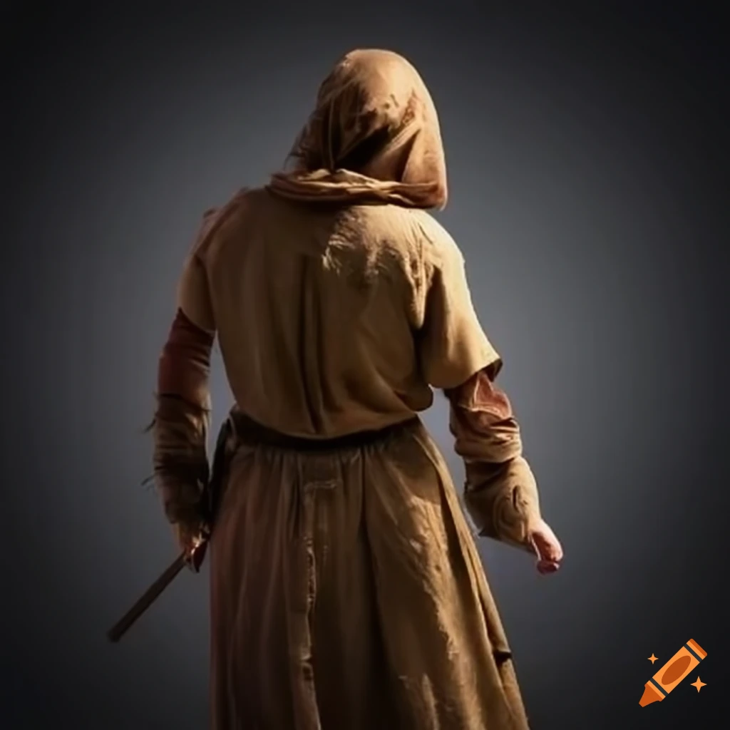 The back of an adventurer in medieval shabby clothes reaching for something