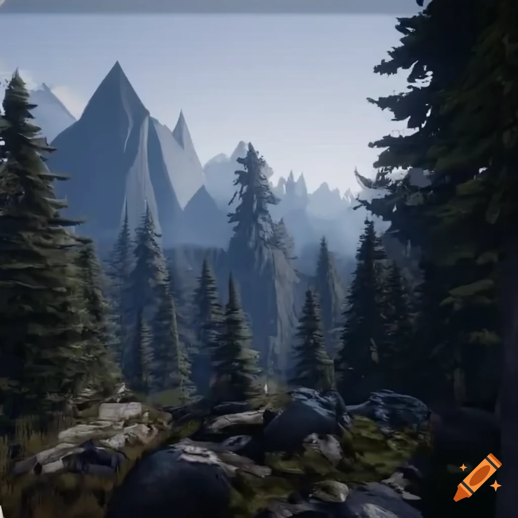 Unreal engine 5 high mountains with taiga forest