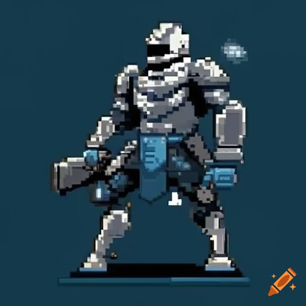 Disciplined marine, blue armor, dramatic battle stance facing right, 2d side scroller pixel art ...
