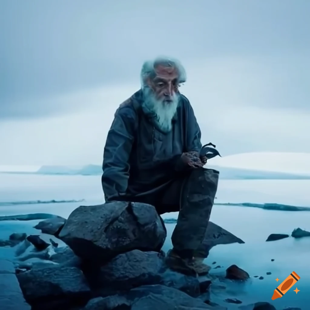Old geologist studying rocks in the arctic wilderness on Craiyon