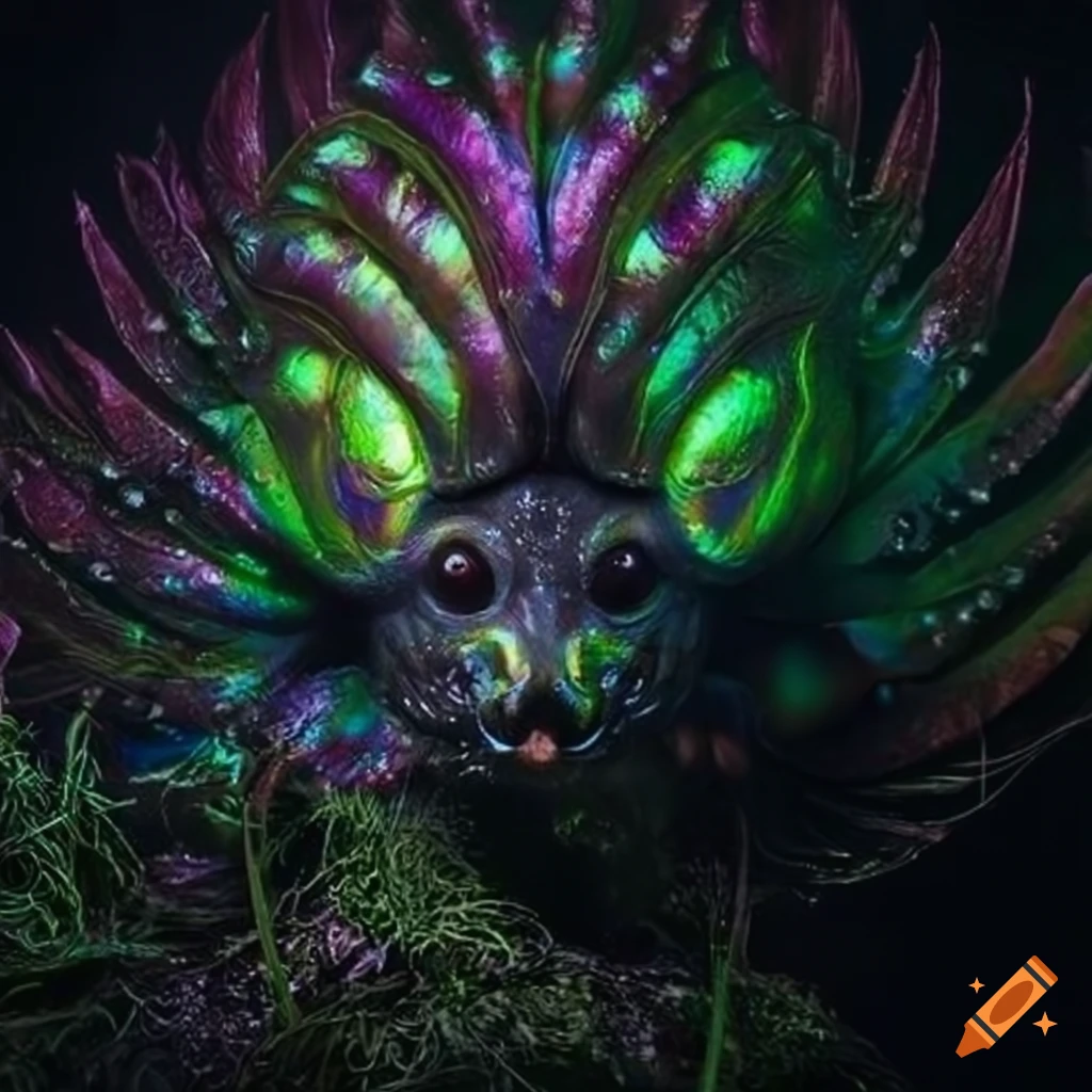 Black iridescent fantasy plant creature anthropomorphic on Craiyon