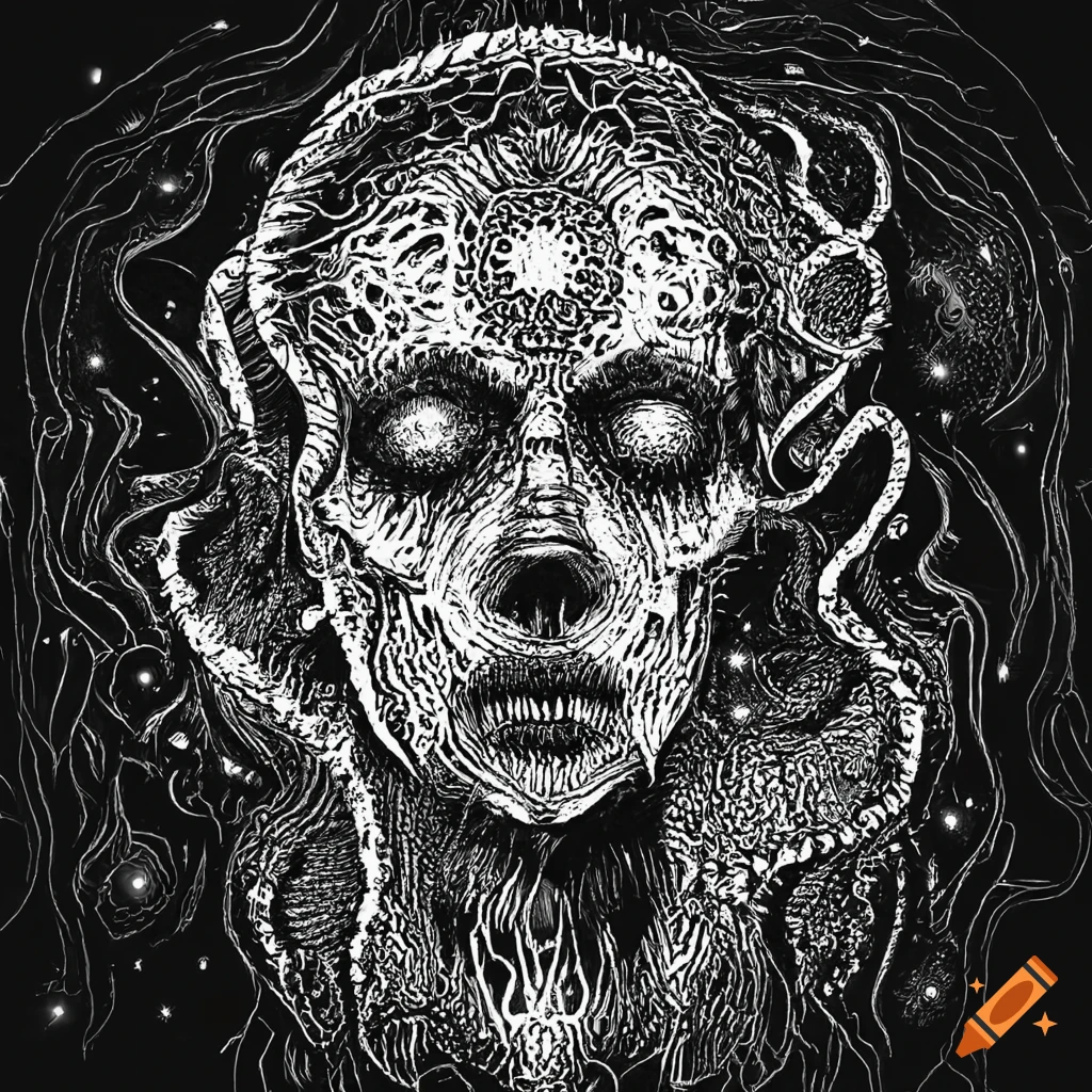 Cosmic horror, dark, black and white, line art on Craiyon