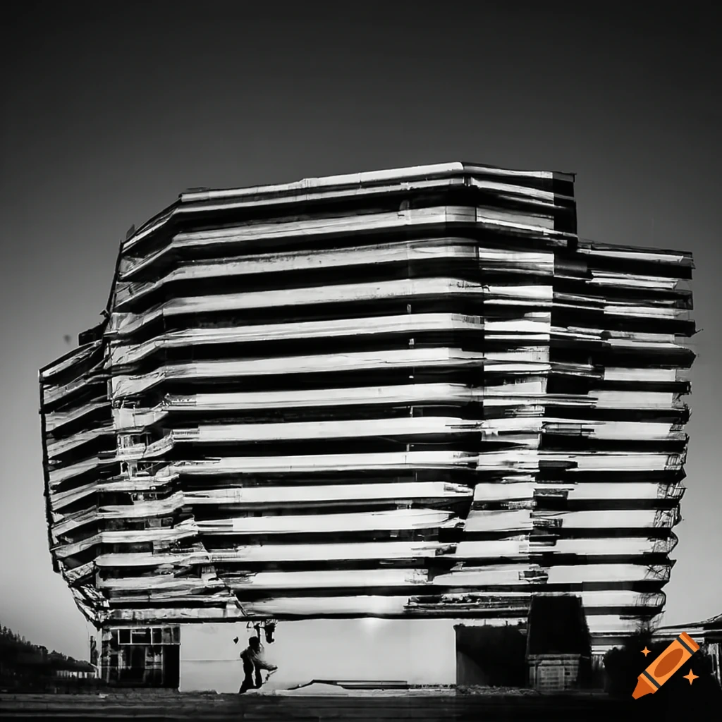 Black and white photo of a futuristic concrete building by antonio sant ...