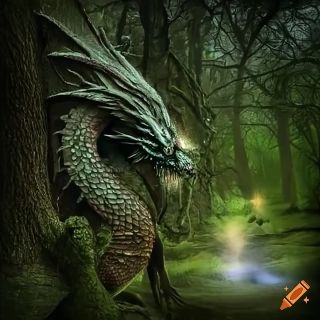 A mystical dragon with psychic powers in an enchanted forest and druid ...
