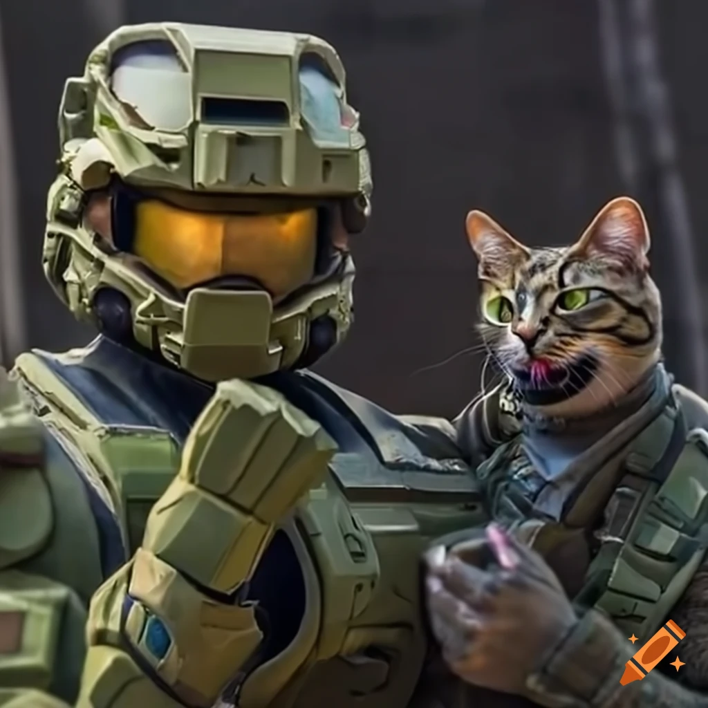Master chief with his best friend a stray cat on Craiyon