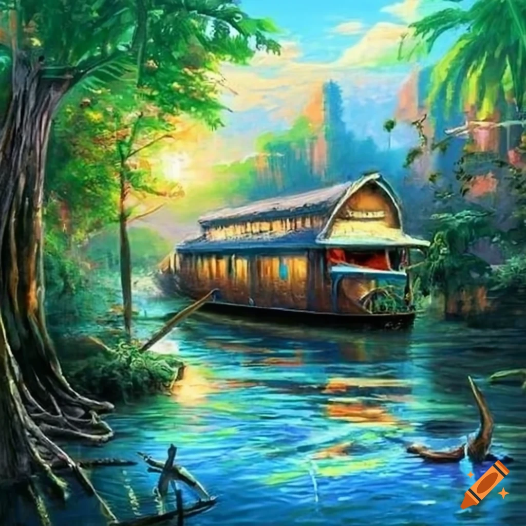 Philippine casco houseboat floating in tropical swamp, thomas kinkade ...