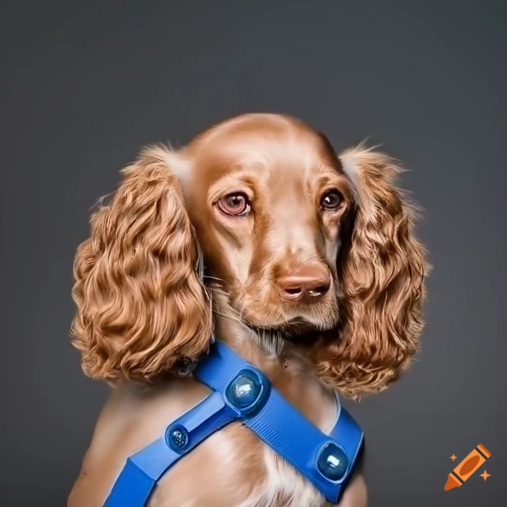 Ginger spaniel in blue harness wiry back hair high definition