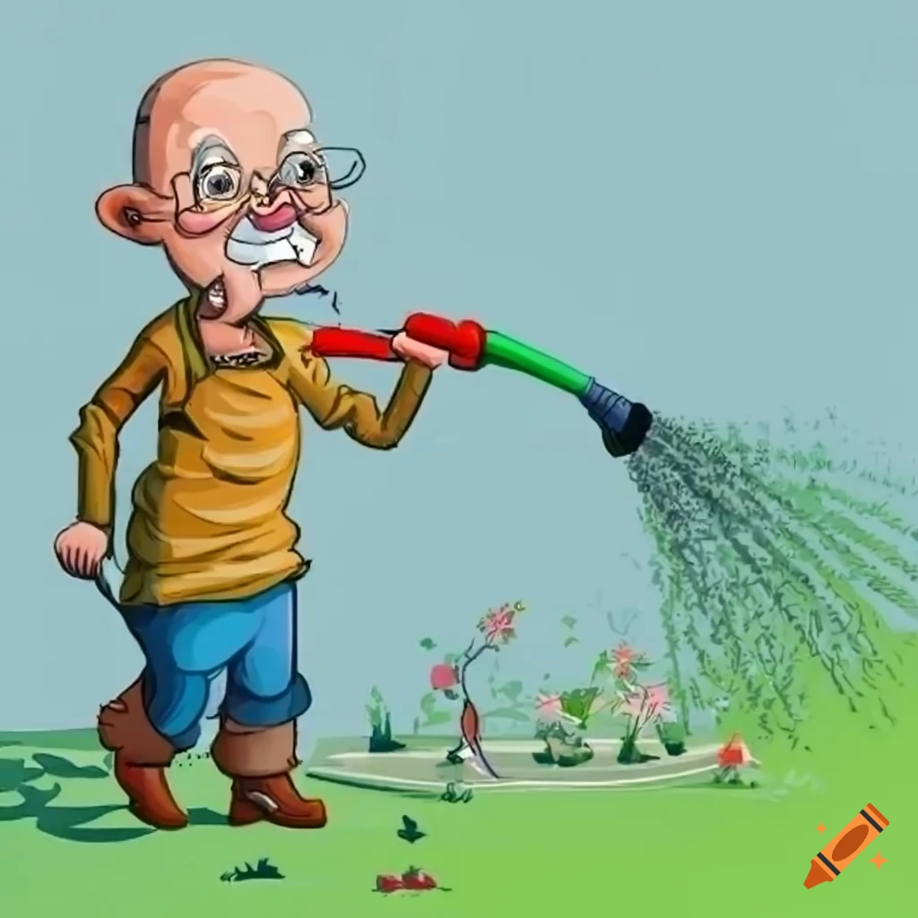 Cartoon image of an old man spraying the garden with a hose on Craiyon