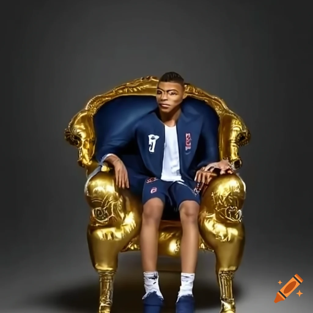 Kilian mbappé sitting on a gold armchair on Craiyon