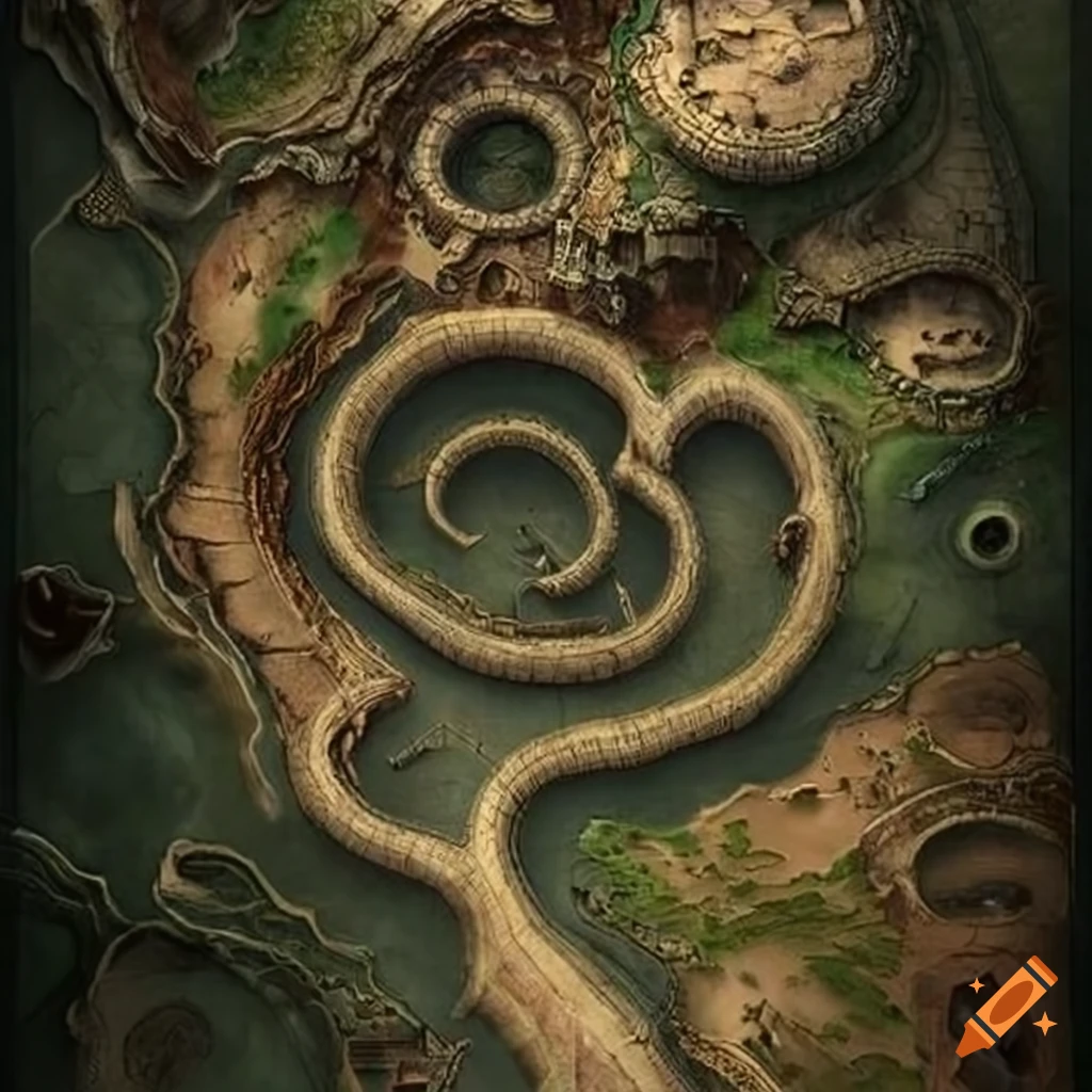 Elaborate fantasy map depicting ruins with intricate road networks