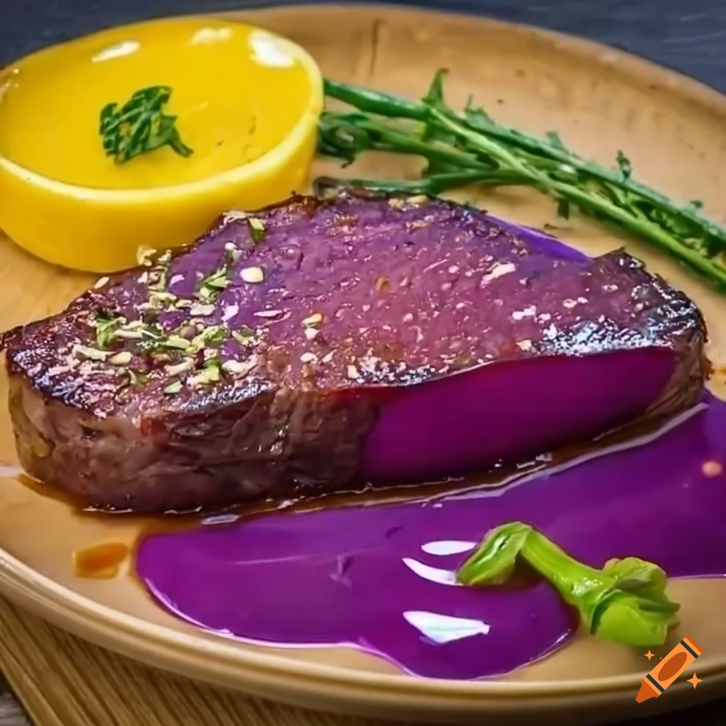 Yellow steak with a purple sauce on it on Craiyon