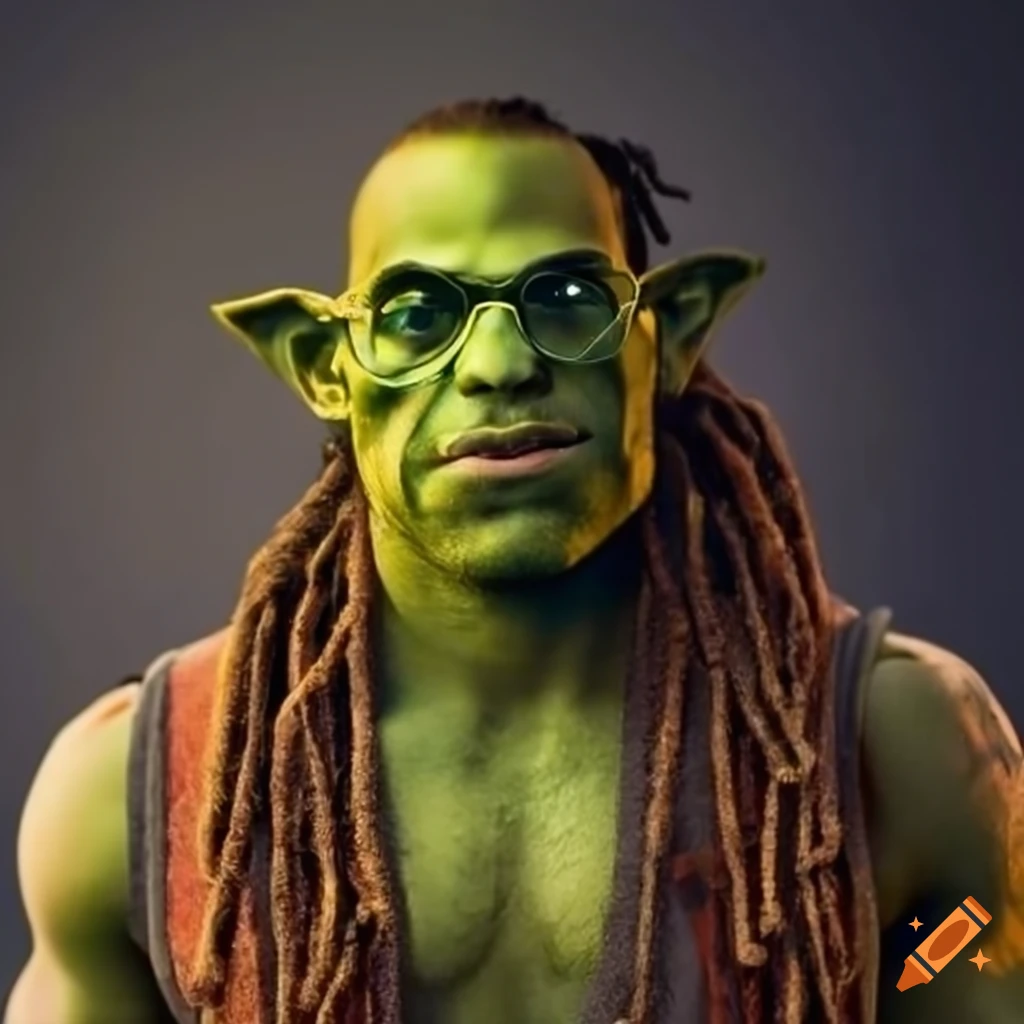 A young brown skinned handsome ork with dreadlocks, thick glasses and ...