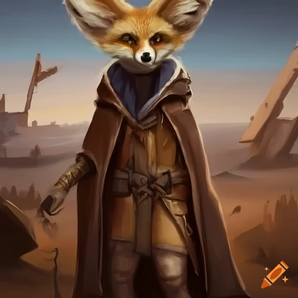 Anthropomorphic fennec fox, wearing cloak, post-apocalyptic desert ...