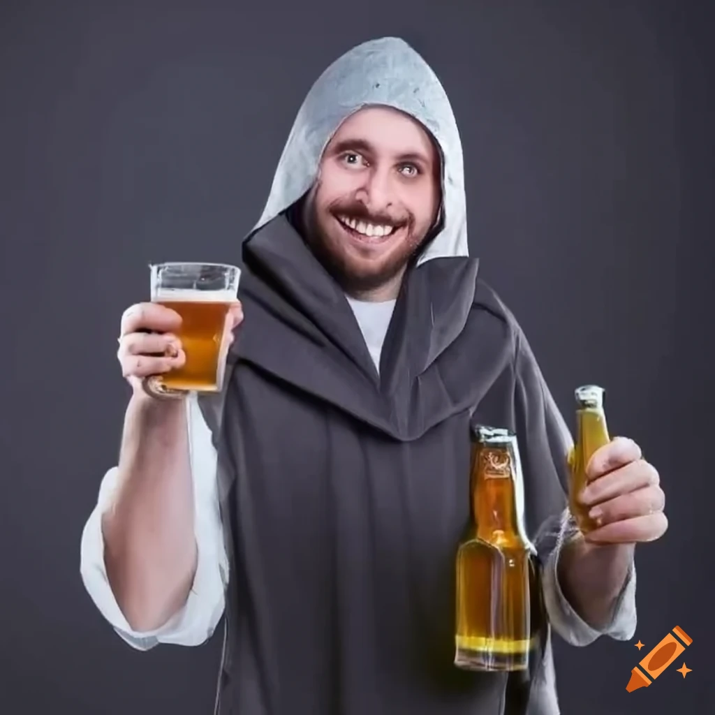 Friendly doltish cloaked young man offering beer on Craiyon