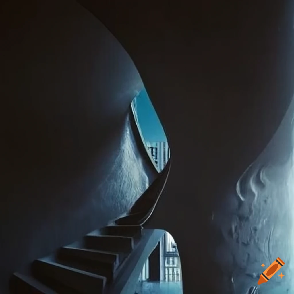 Interior of cone shaped building, alien world, stair case detail ...