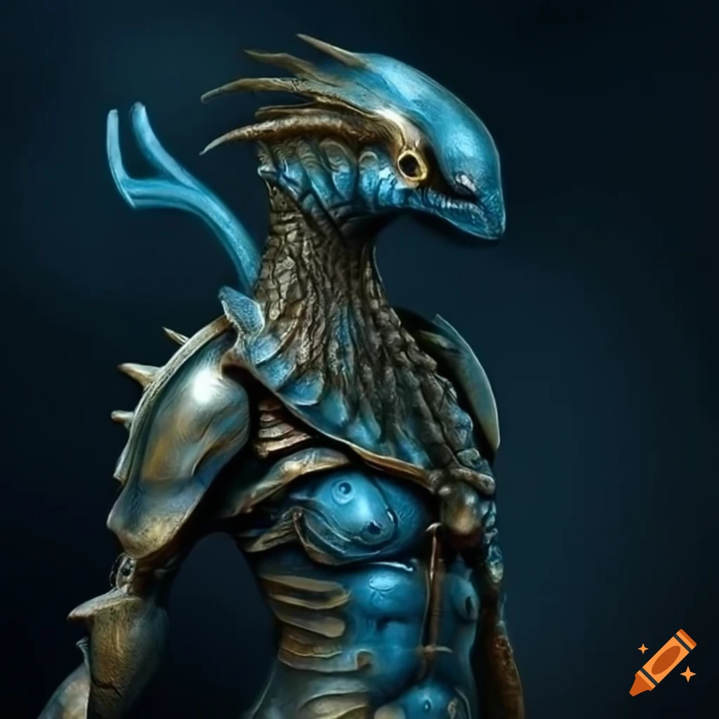 Alien ninja that looks like a blue dragon sea slug in bronze armor ...