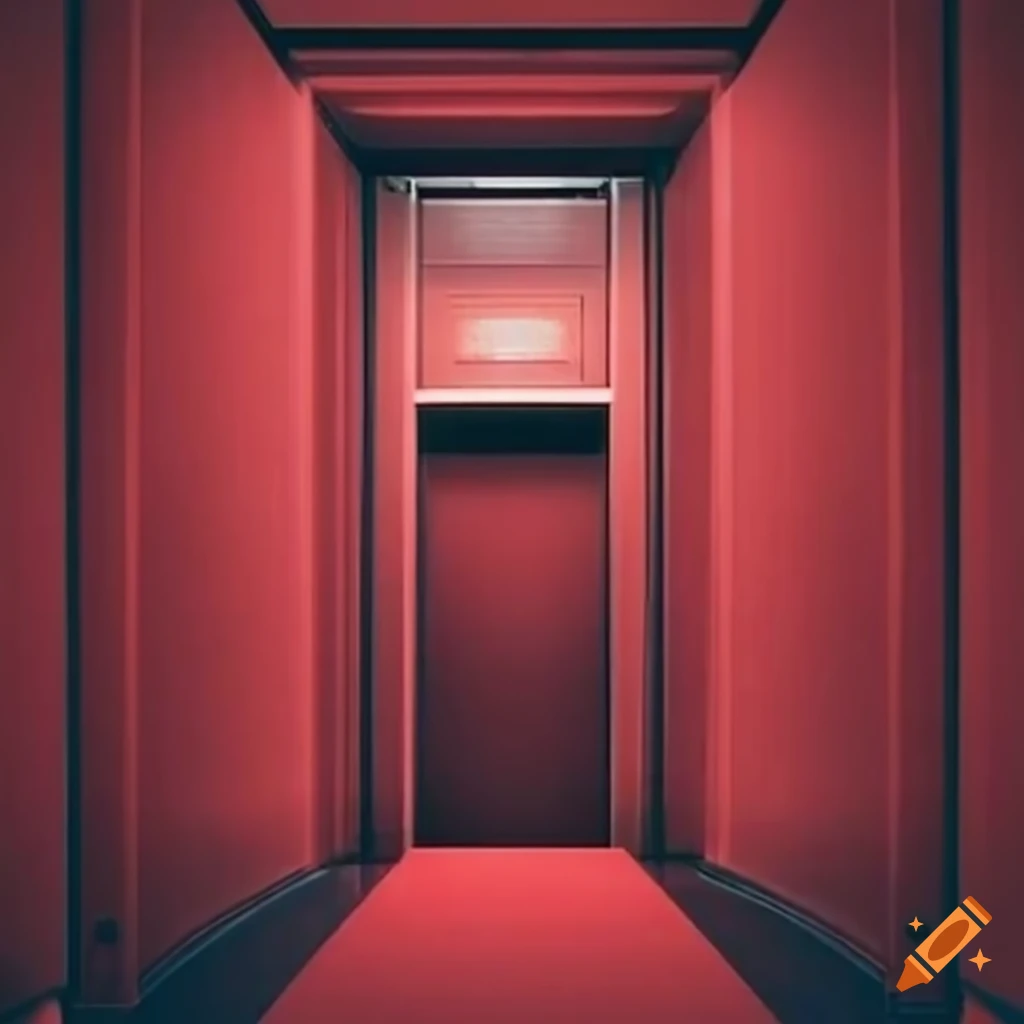 The doors to the red carpeted elevator opening