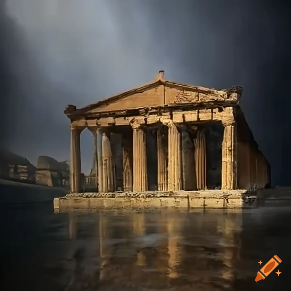 Rain pouring over an ancient greek temple on Craiyon