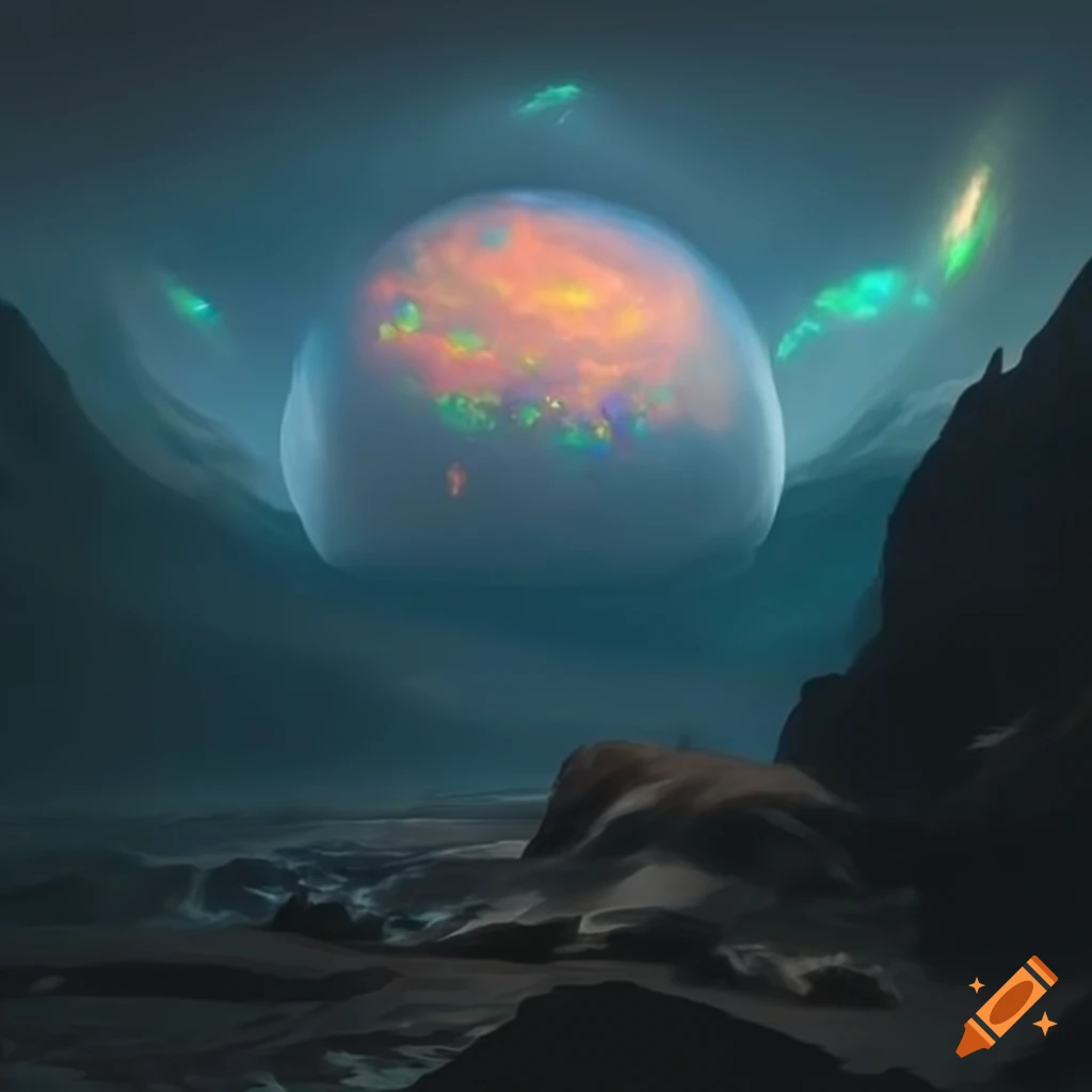 A giant opalizing orb deity in a giant baren grey landscape with a ...