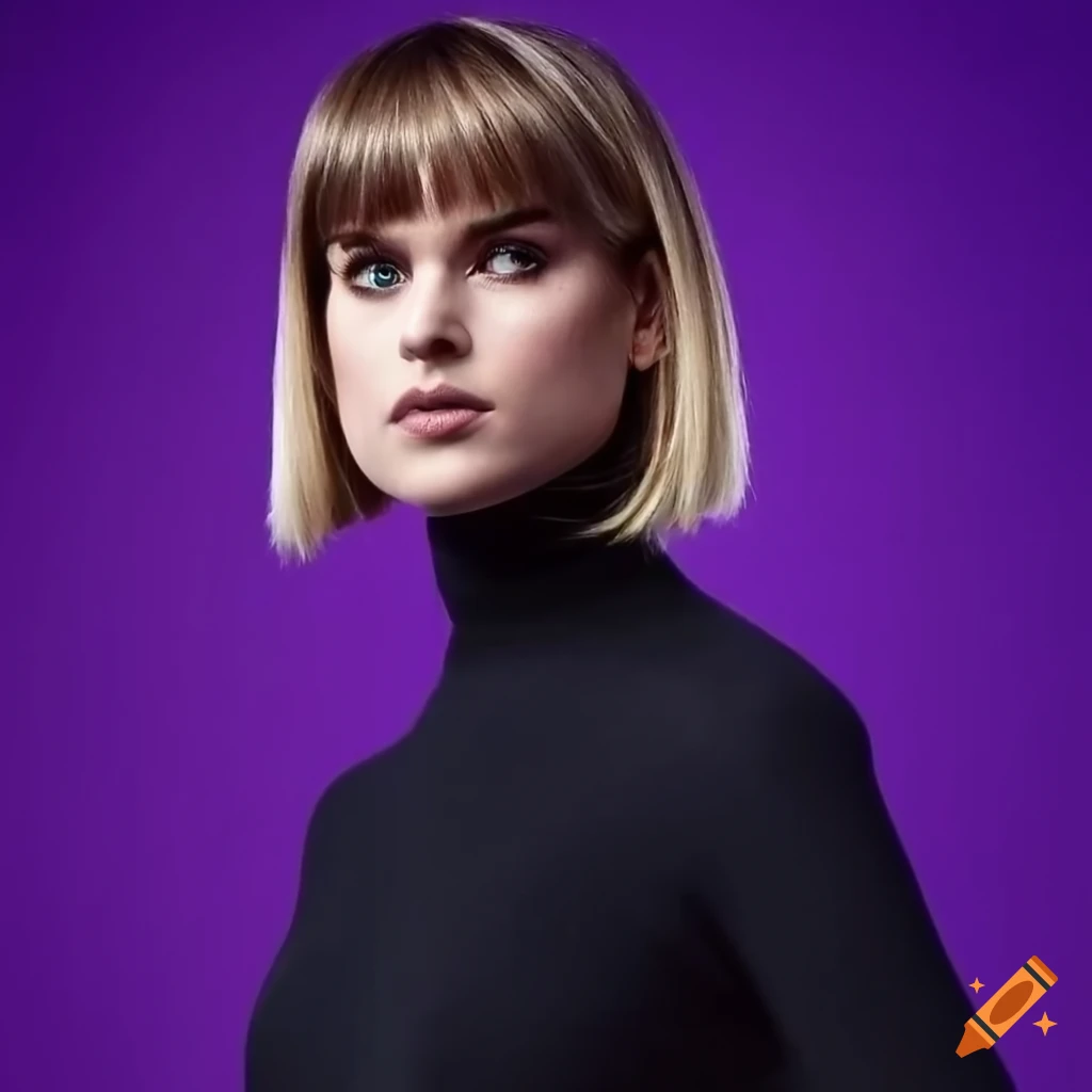 Alice eve with a straight bob haircut, black turtleneck, purple ...