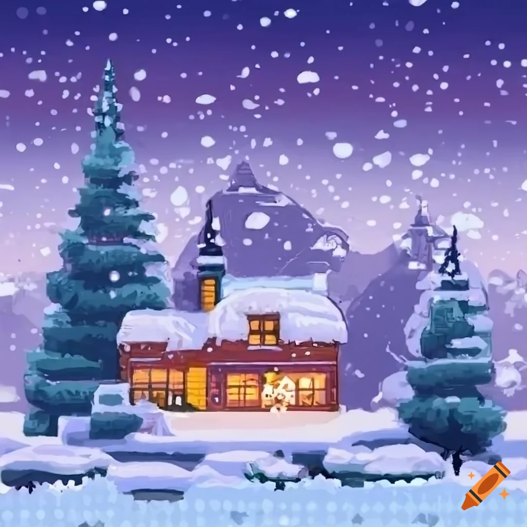 Snowy 16-bit village in winter, cozy and nostalgic on Craiyon