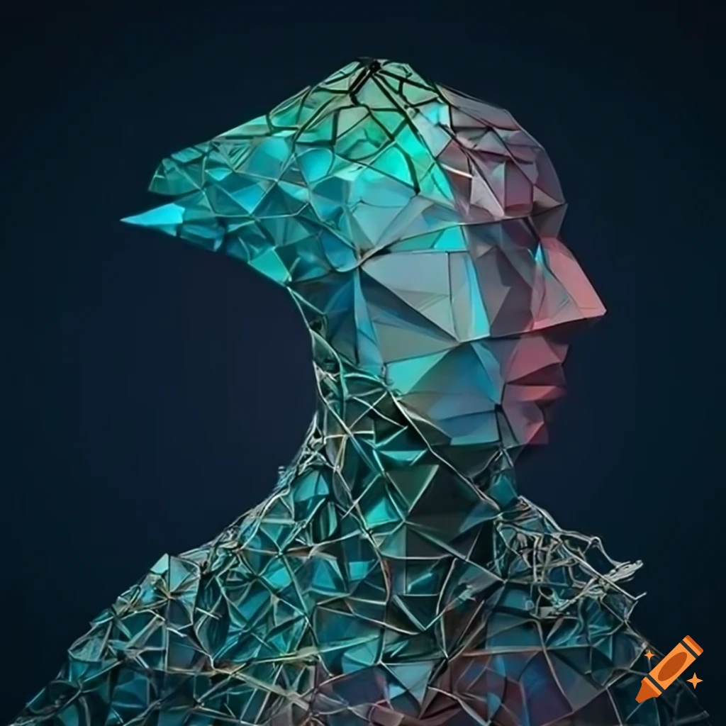 Surreal geometric male humanoid tropical bird made of crystalline ...