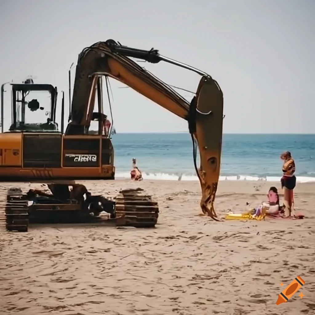 Excavator machine working on the beach while people tourists visit the ...