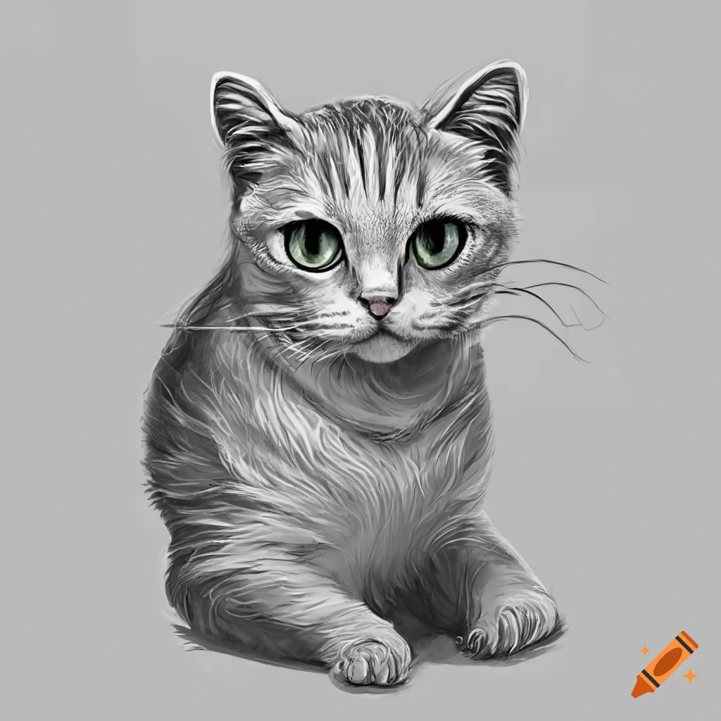 Minskin cat fineline drawing greyscale coloring book style