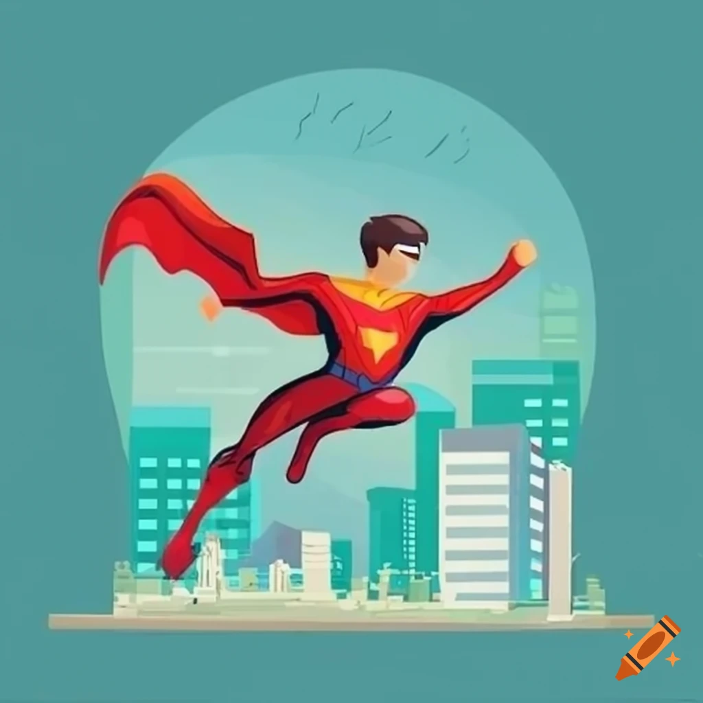 Superhero running fast through city in cartoon style
