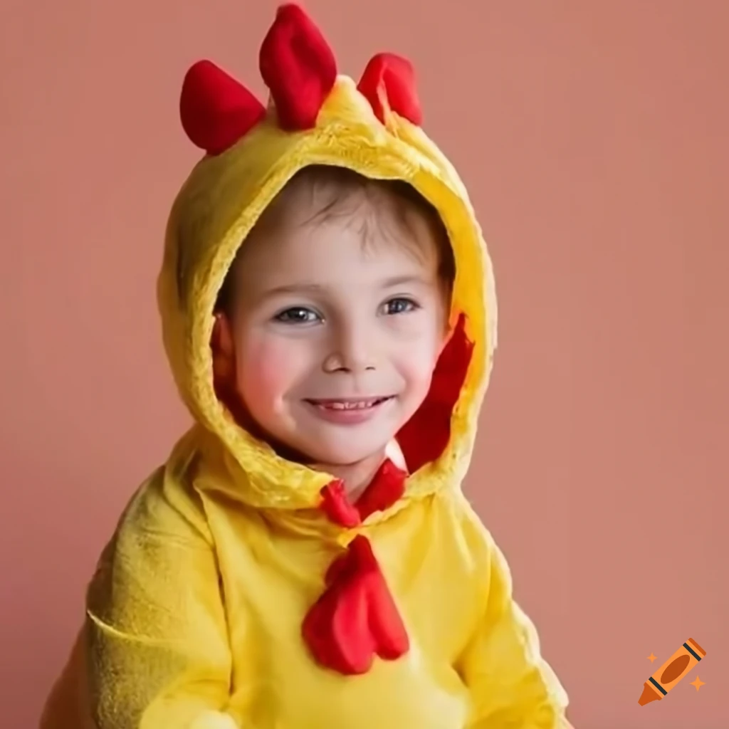 A child wearing a chicken costume and smiling happily on Craiyon