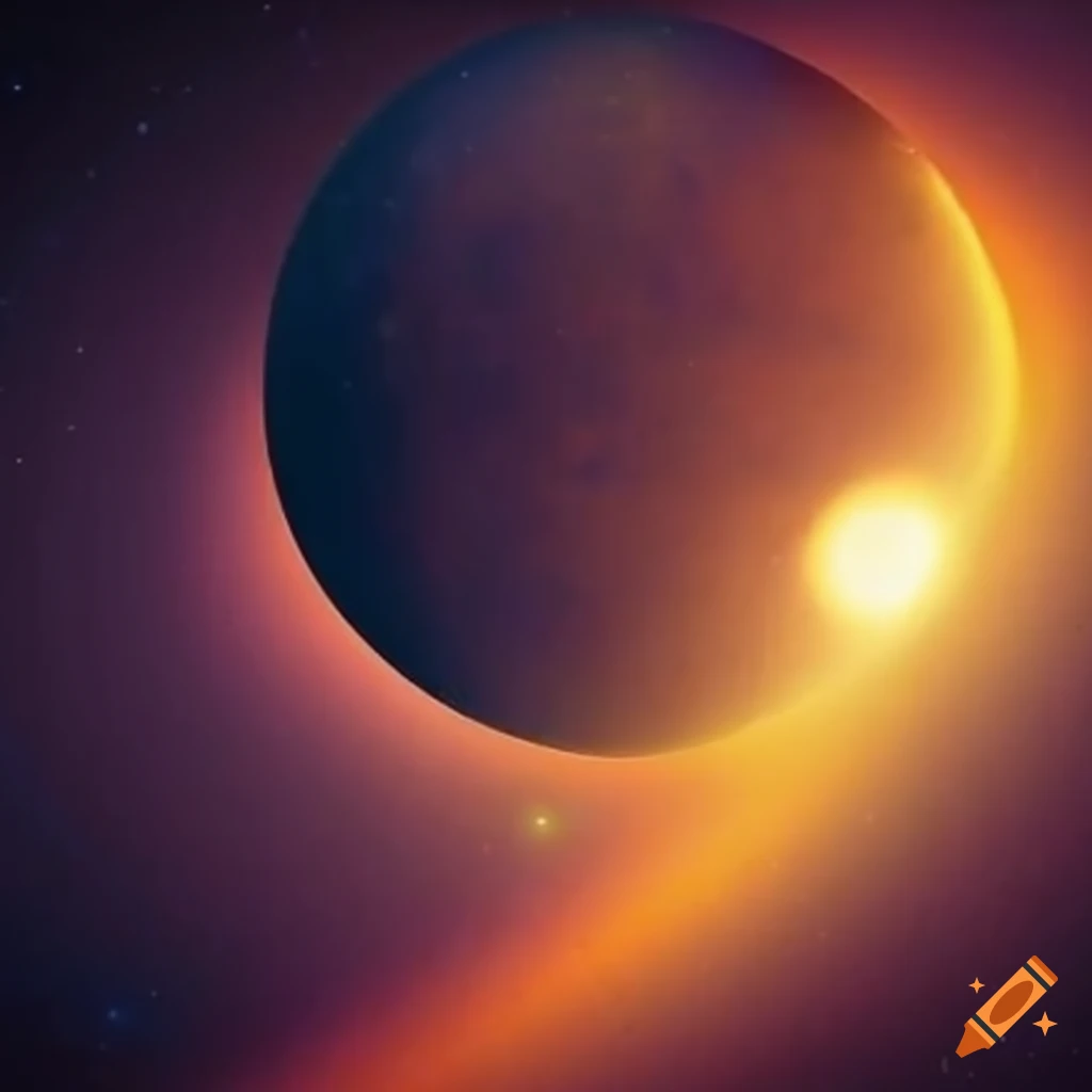 A mysterious yellow and orange planet with rings surrounded by cosmic ...