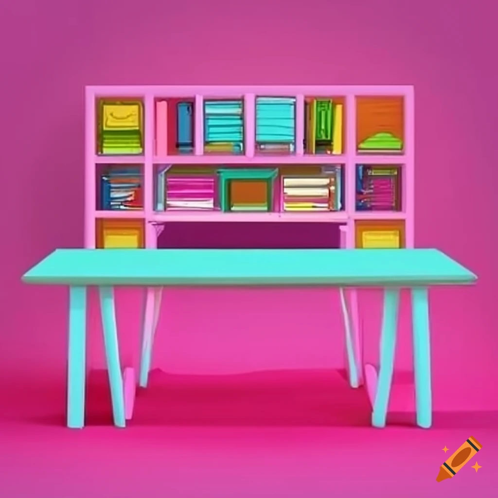 Classroom, neon pink walls, desks, cartoon style on Craiyon