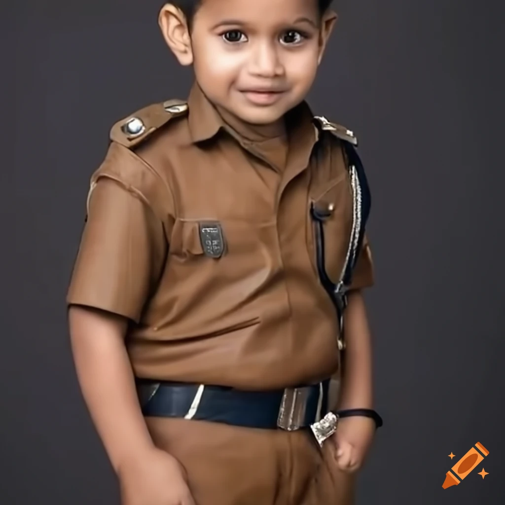 Indian toddler boy in tight brown leather police uniform hands in ...