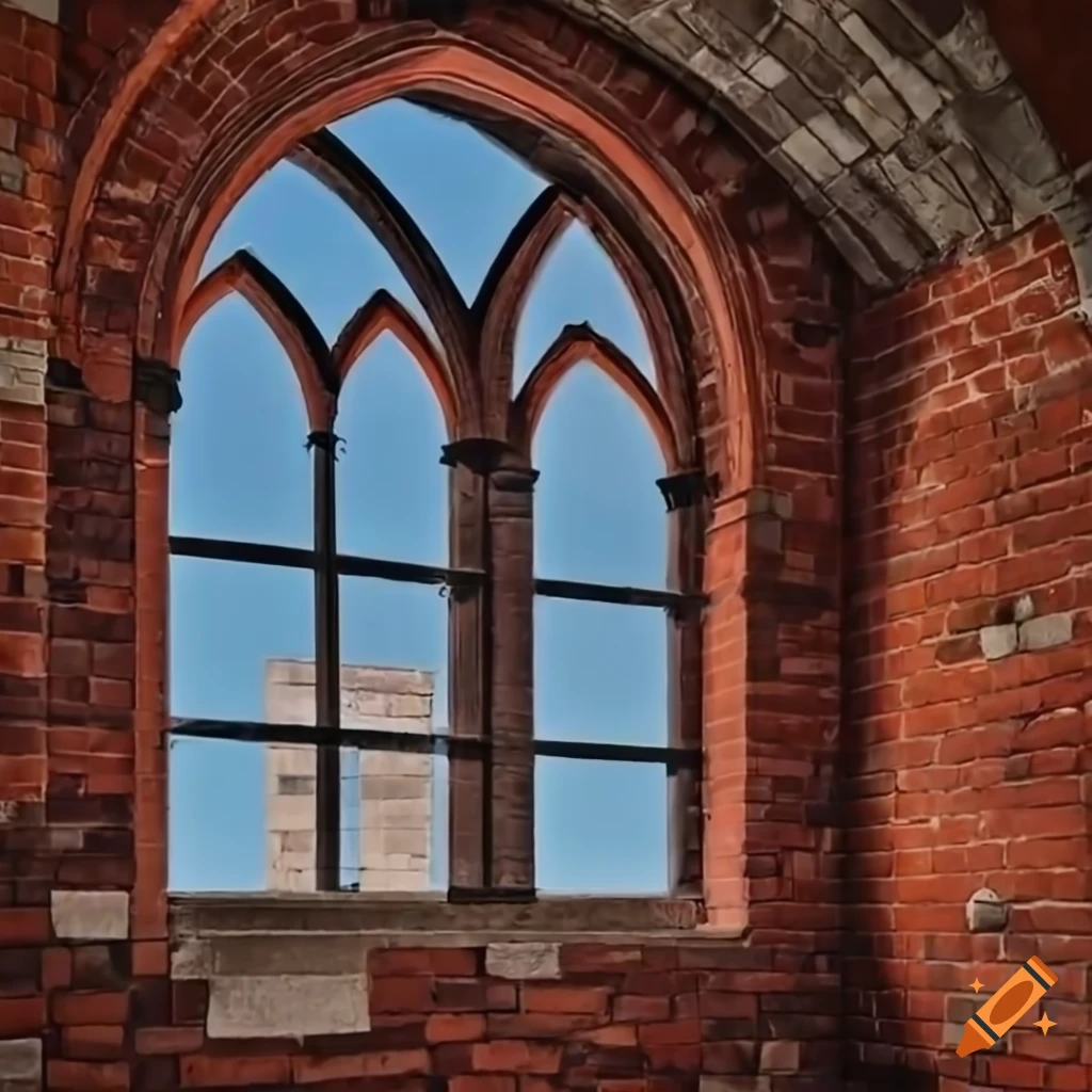 Yellow flag on flagpole inside brick fortress tower, arched window ...