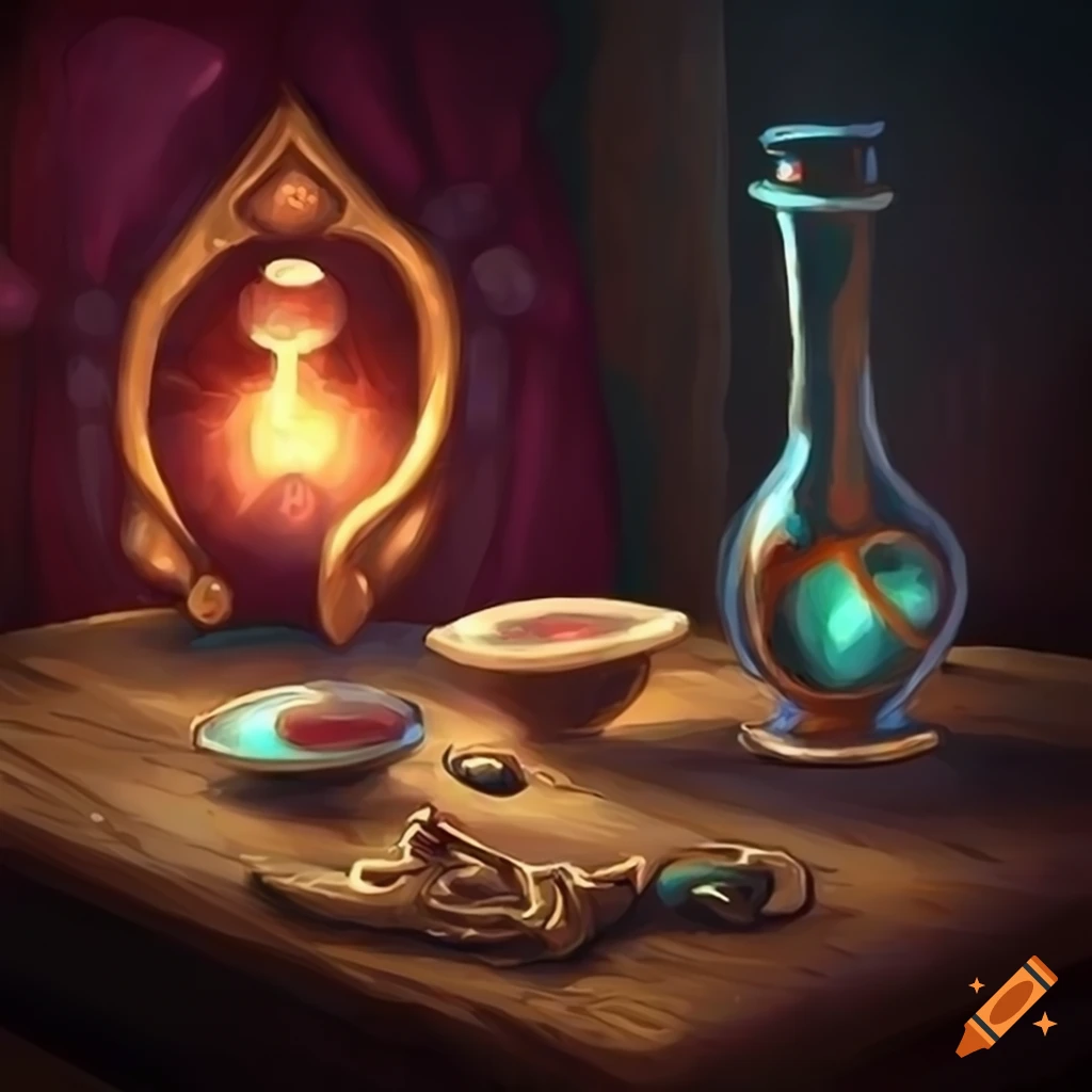 Fantasy art style, a potion charm rests on a table on Craiyon